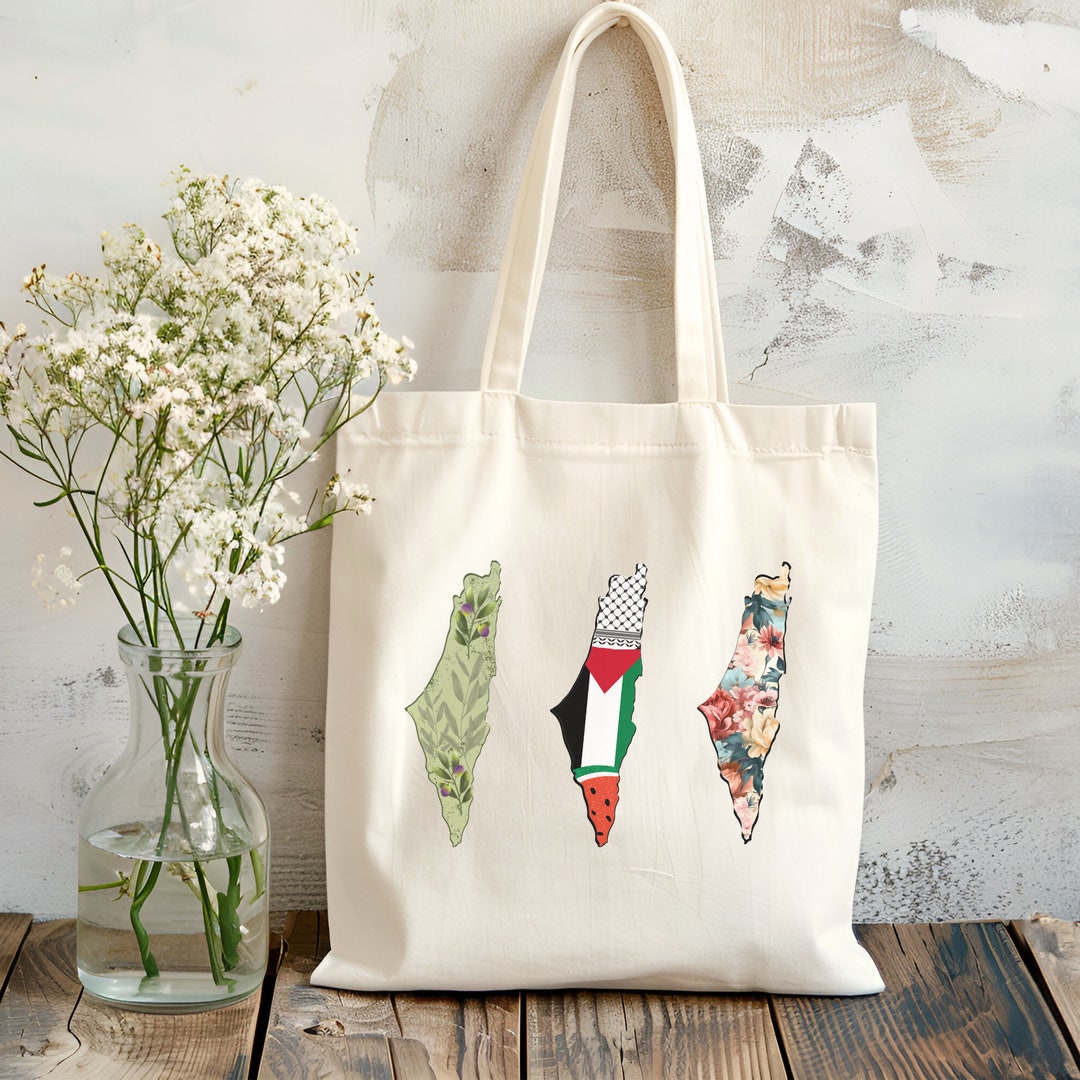 Palestine Three Maps Tote Bag, Olive Watermelon Floral Palestine Tote ...