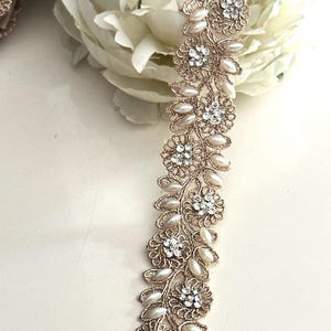Rose Gold Pearl Crystal 2.5cm Indian Embroidered Lace Pearl Embroidered Band Zari Embellish Net ...
