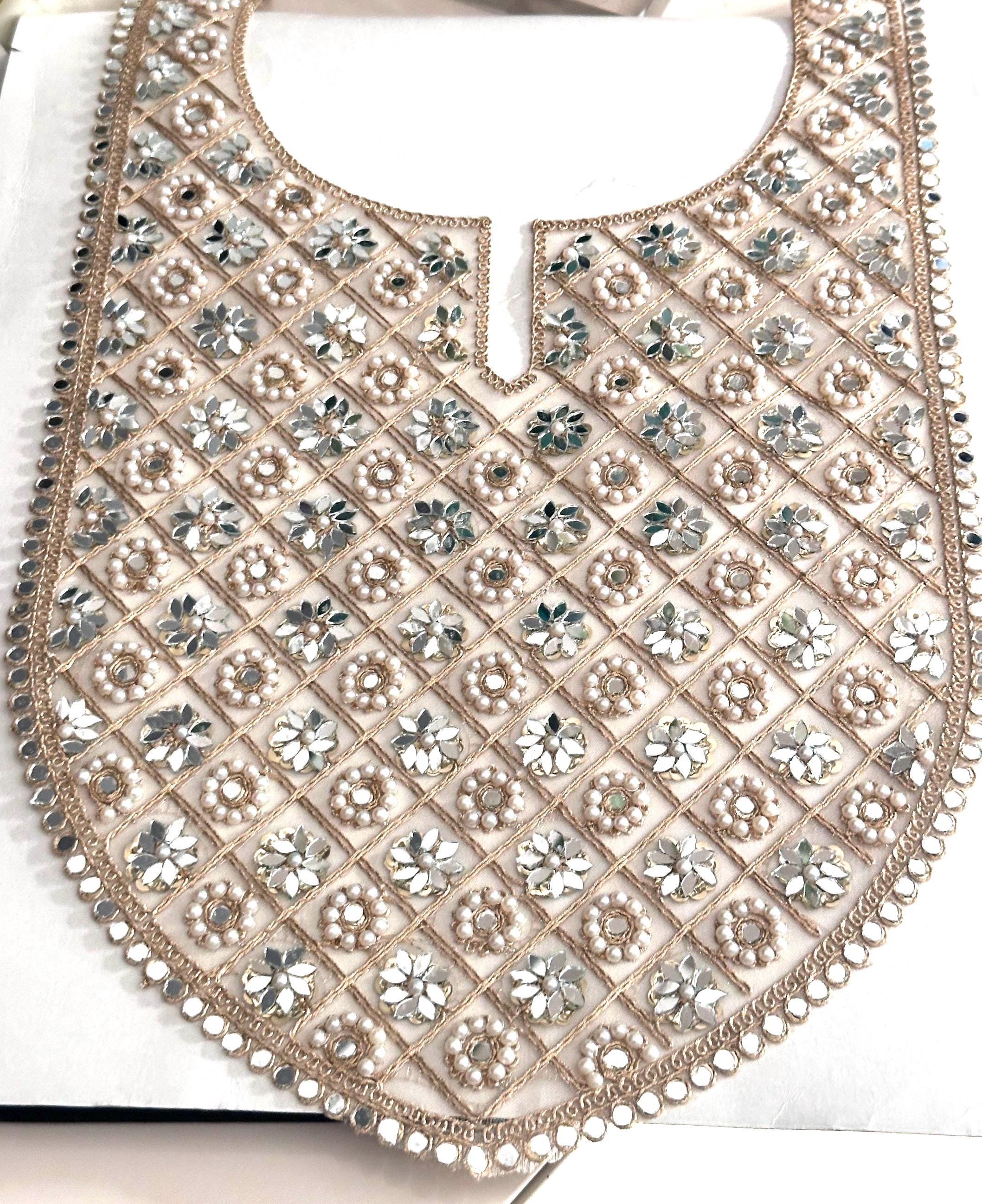 Floral Embroidery Applique Sew on Neckline Patch Mirror Pearl Stone ...