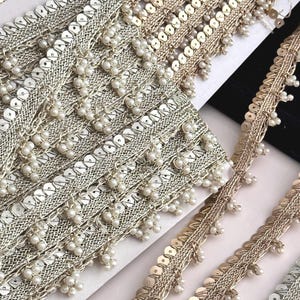 Pearl Beaded Lace Metallic Sequin Trim Pearl Lace Border Bridal Costume ...