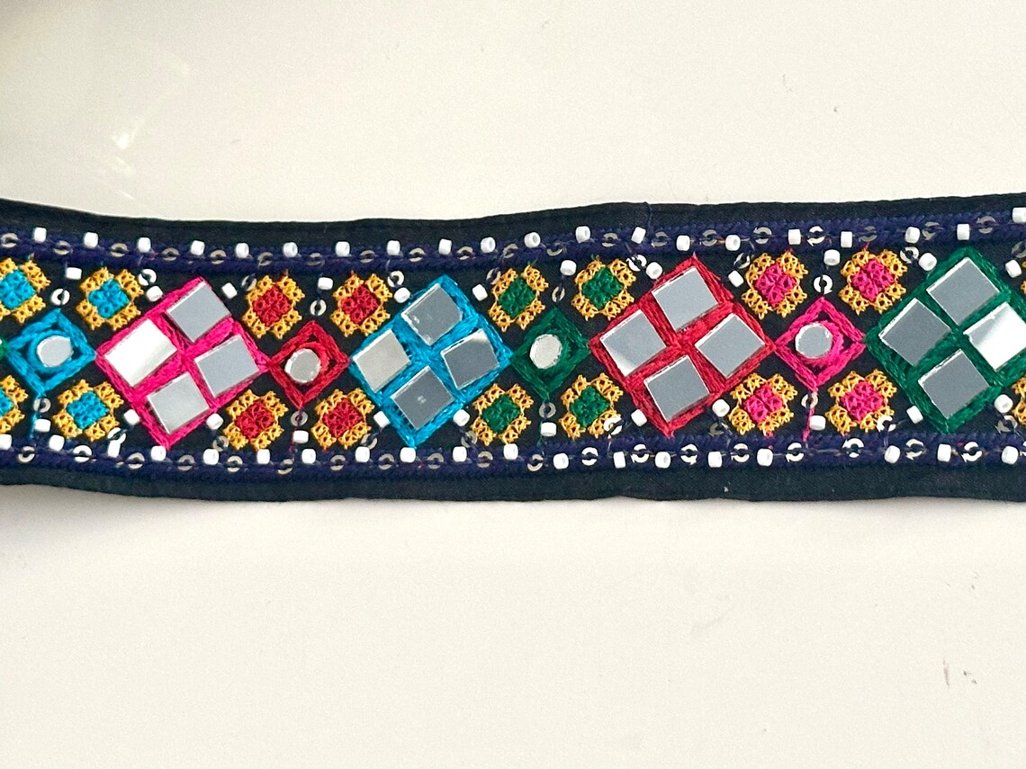 Black Embroidered Multi Colour Mirror Lace Trim Indian Trim Dupatta ...