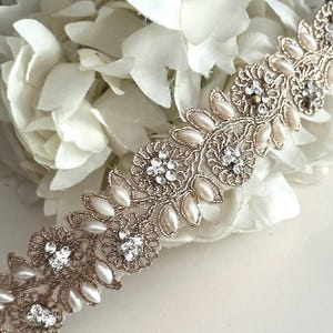 Rose Gold Pearl Crystal 2.5cm Indian Embroidered Lace Pearl Embroidered Band Zari Embellish Net ...