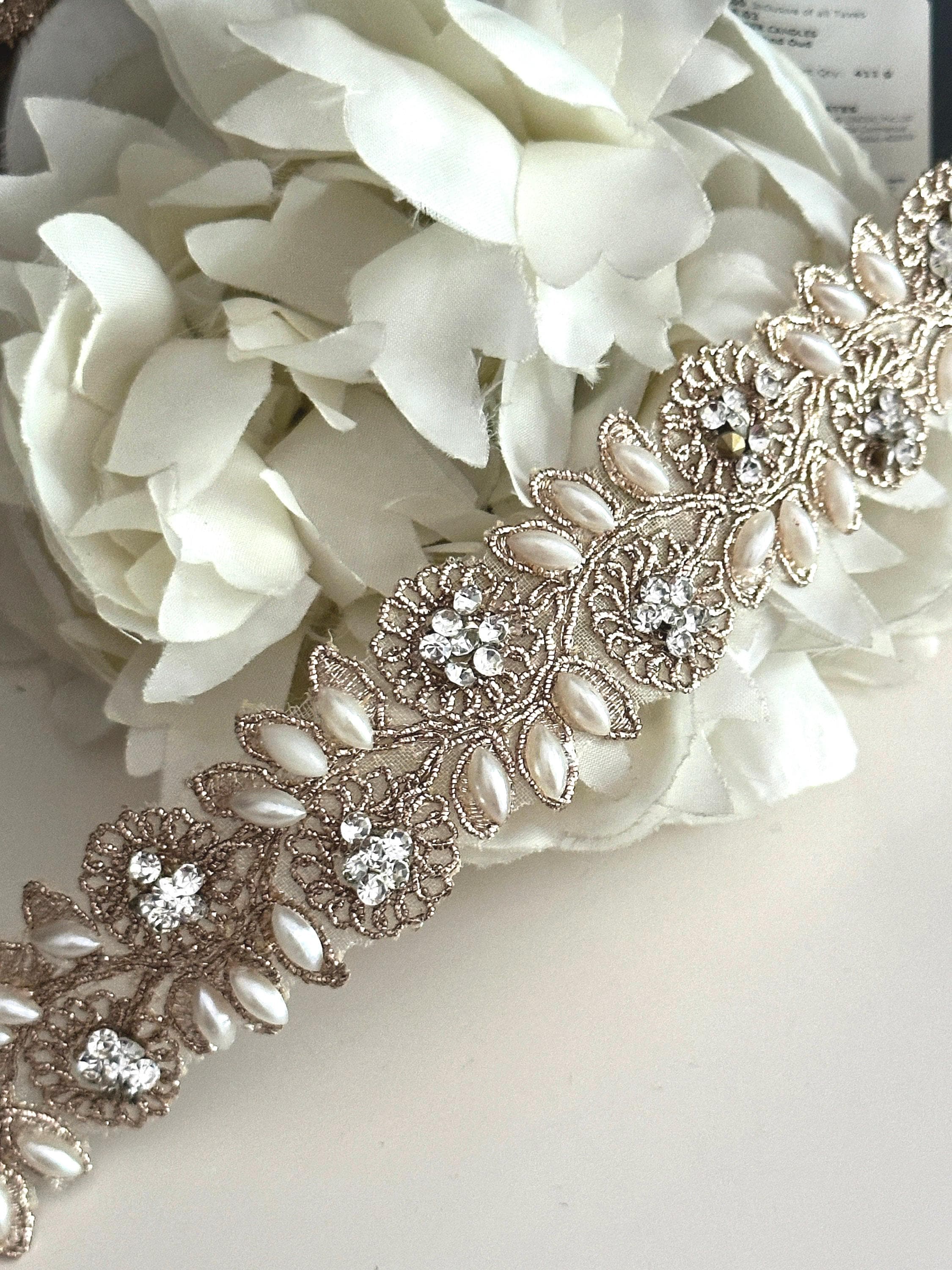 Rose Gold Pearl Crystal 2.5cm Indian Embroidered Lace Pearl Embroidered ...