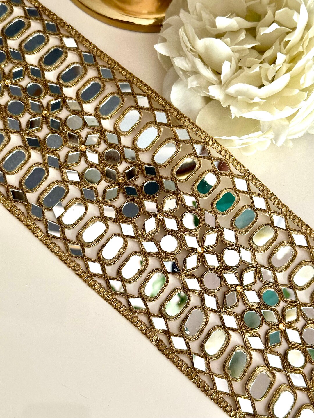 Broad Antique Gold Mirrorwork Lace Border, Cutwork Glass Border for ...