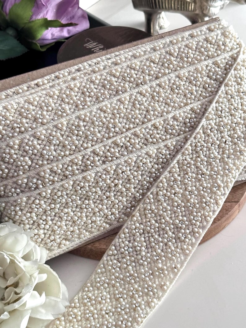 Pearl and Rhinestone Beaded Trim 2 Inch Wide Luxury Bridal Ribbon ...
