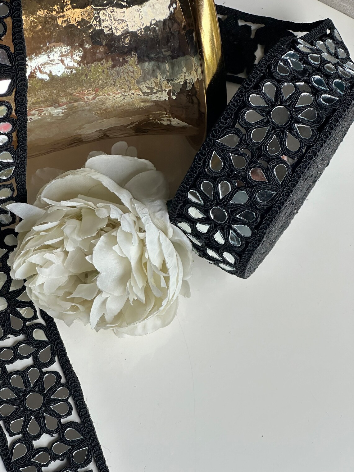 4.5cm Indian Mirror Black Gothic Flower Pattern Trim Saree Border ...