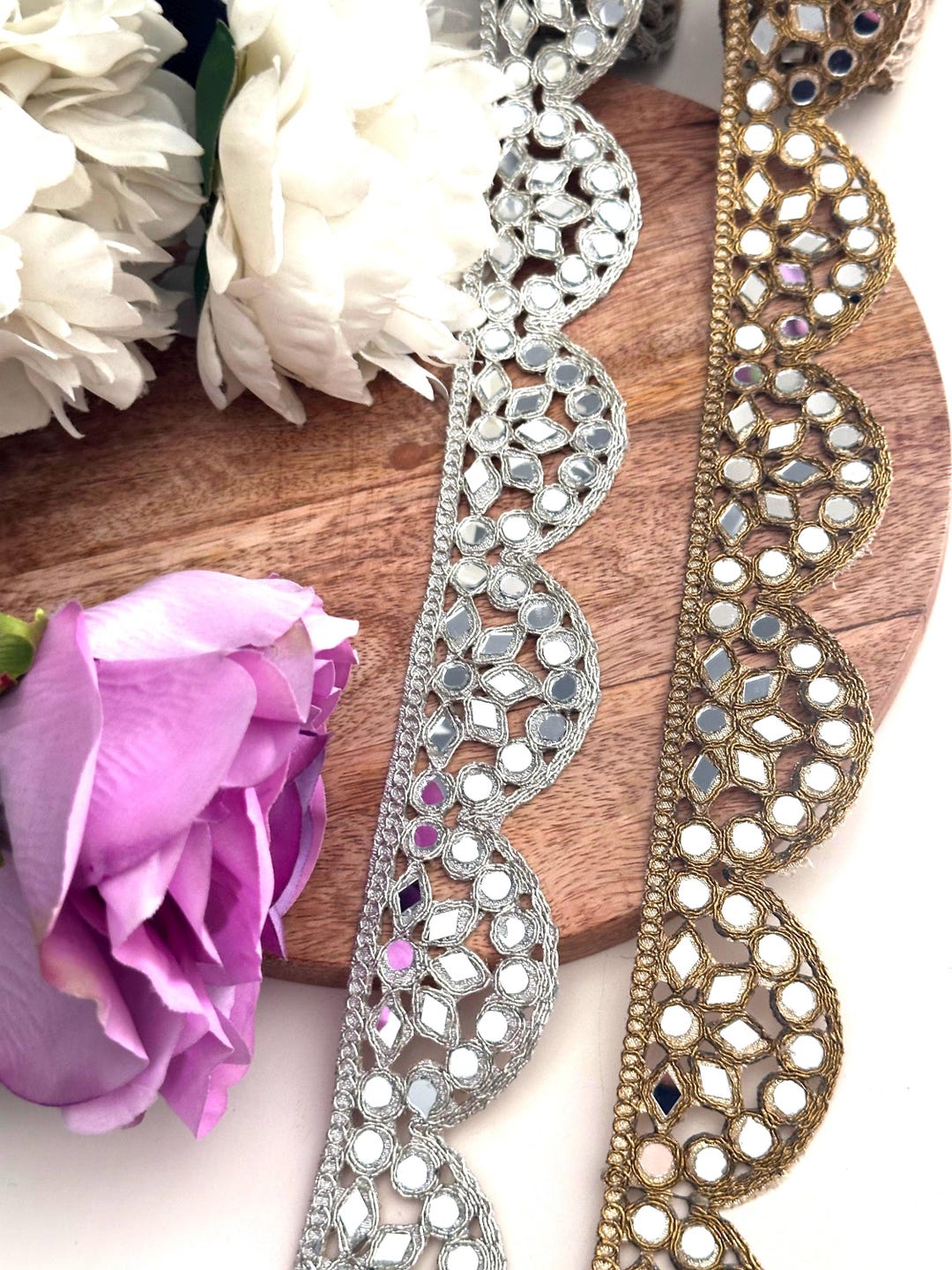 Indian Silver Mirror Work Border Scalloped Zari Mirror Trim 4.5cm ...