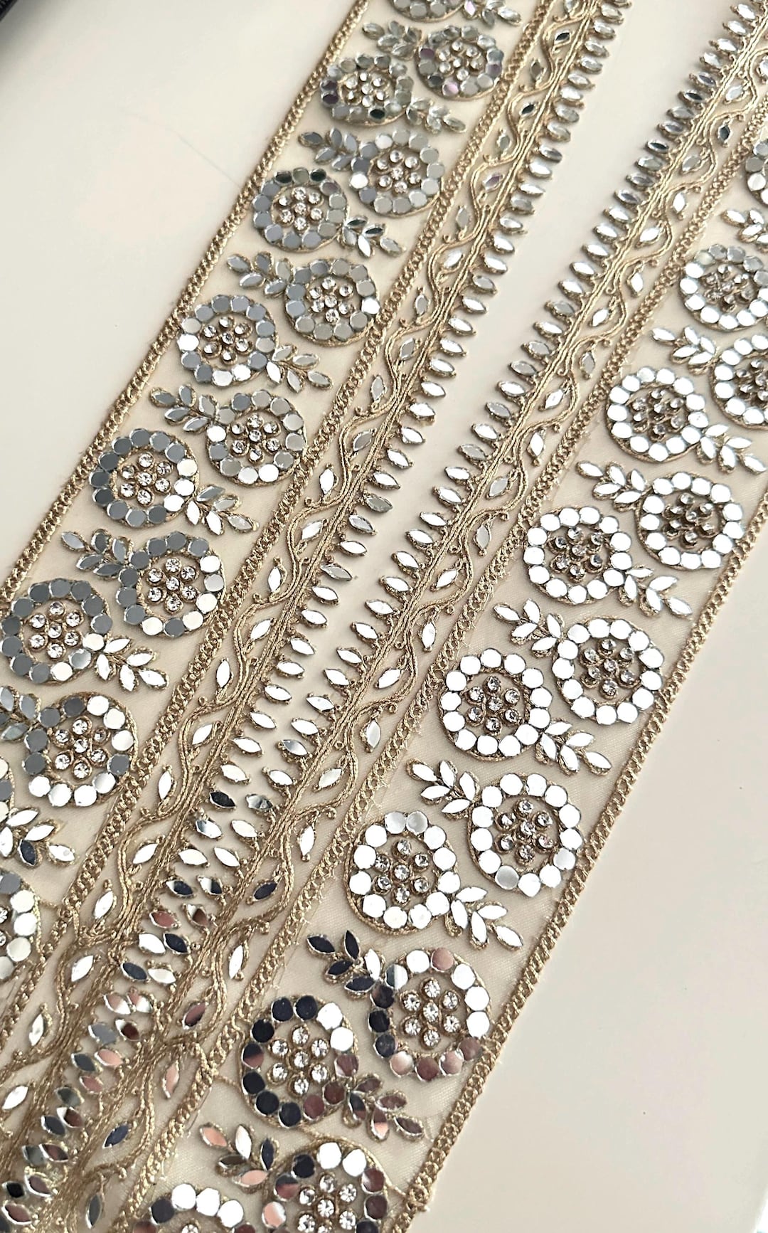 Mirror Work Embroidered Lace Trim: Gold Zari Floral Indian Border - Etsy