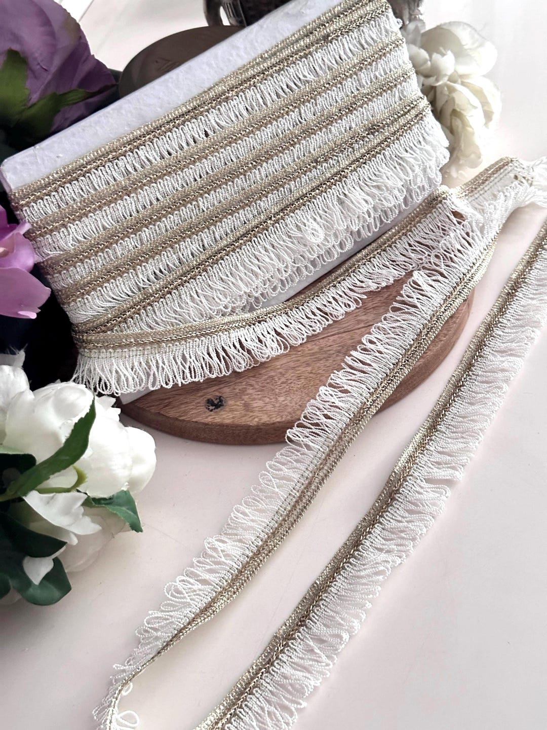 9 Meter White & Gold Boho Fringe Trim Loop Ribbon Metallic Curtain ...