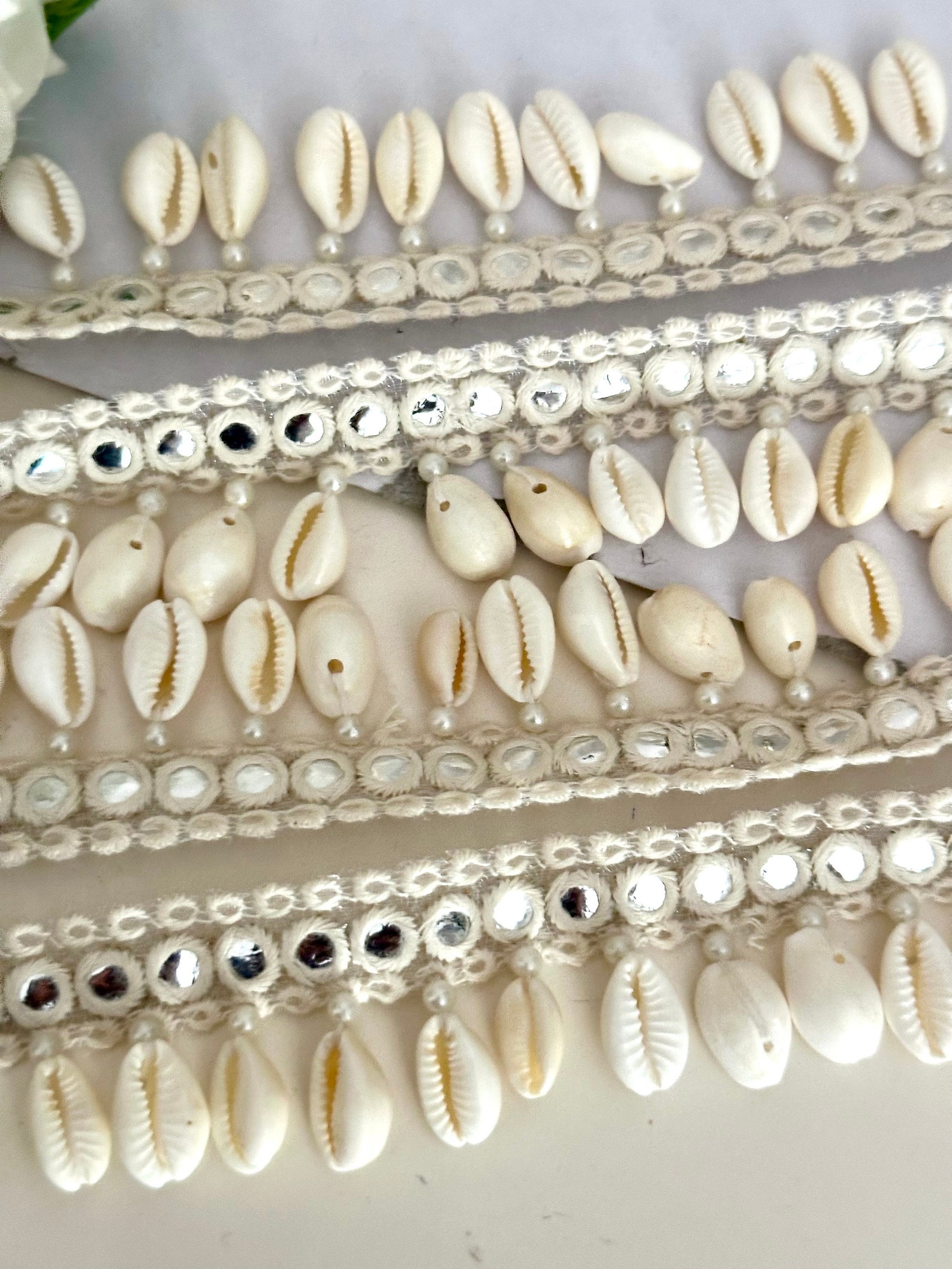 Pearl White Decorative Tassel Suspended Cowri Shell Mirror Beaded ...