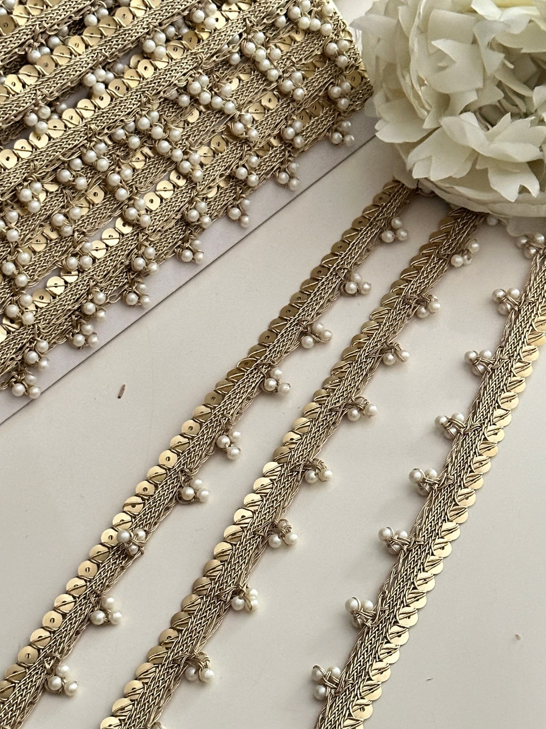 Pearl Beaded Lace Metallic Sequin Trim Pearl Lace Border Bridal Costume ...
