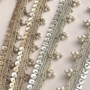 Pearl Beaded Lace Metallic Sequin Trim Pearl Lace Border Bridal Costume ...