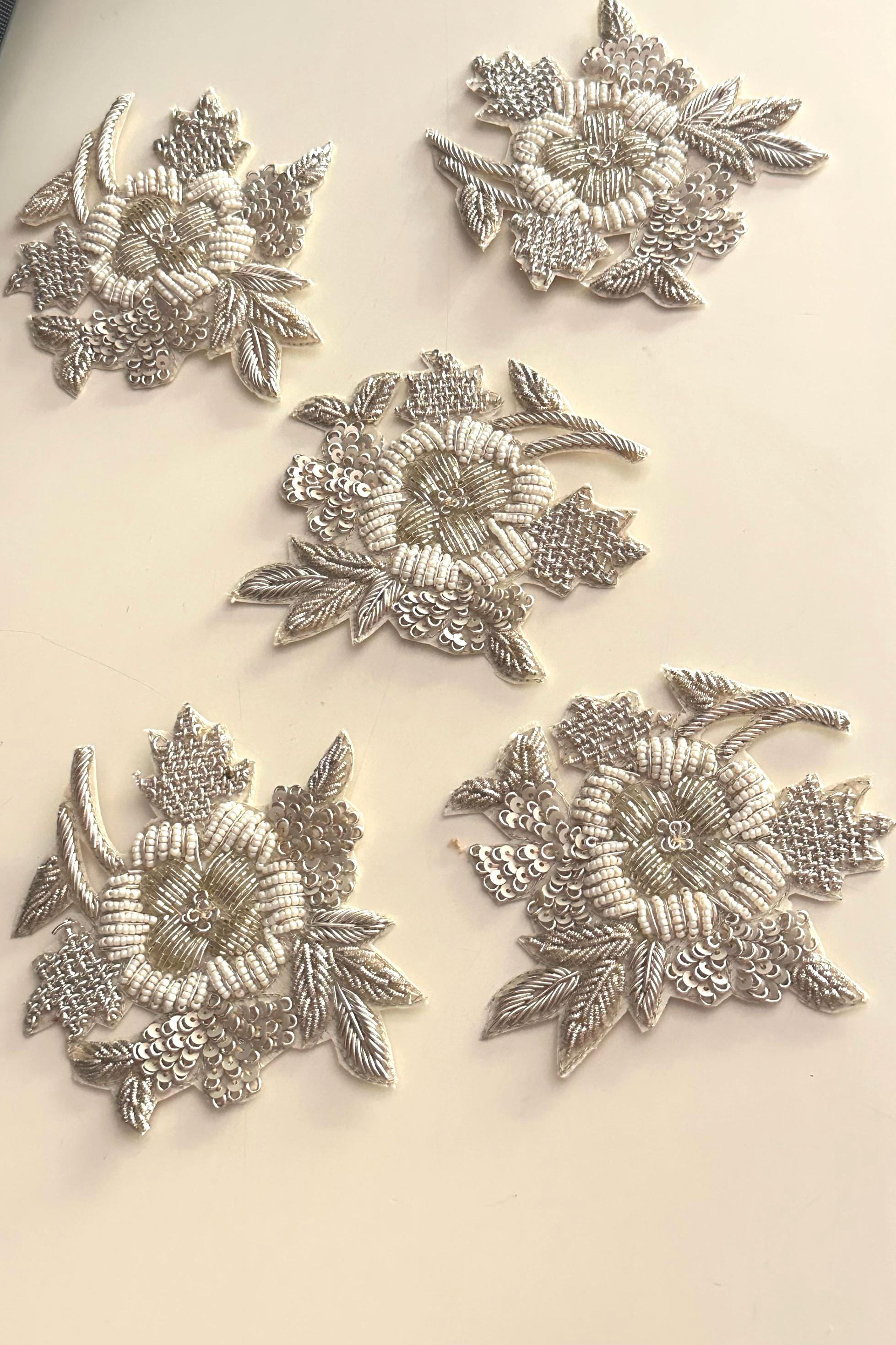 Hand Embroidered Silver Floral Applique Patch: Zardozi Beaded Motif - Etsy