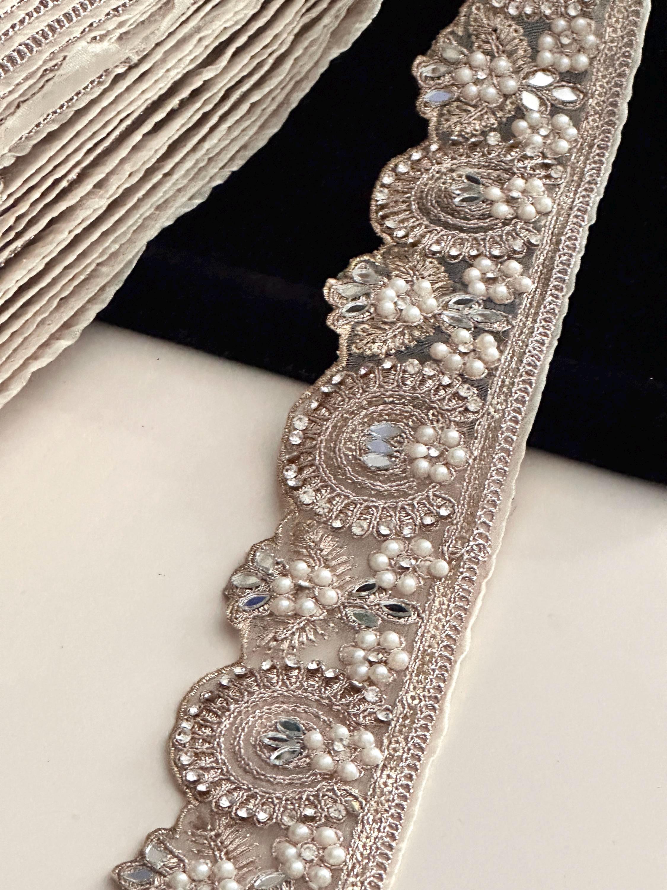 Luxury Light Pearl Zircon Embroidery Sari Border Edging Trim Wedding ...