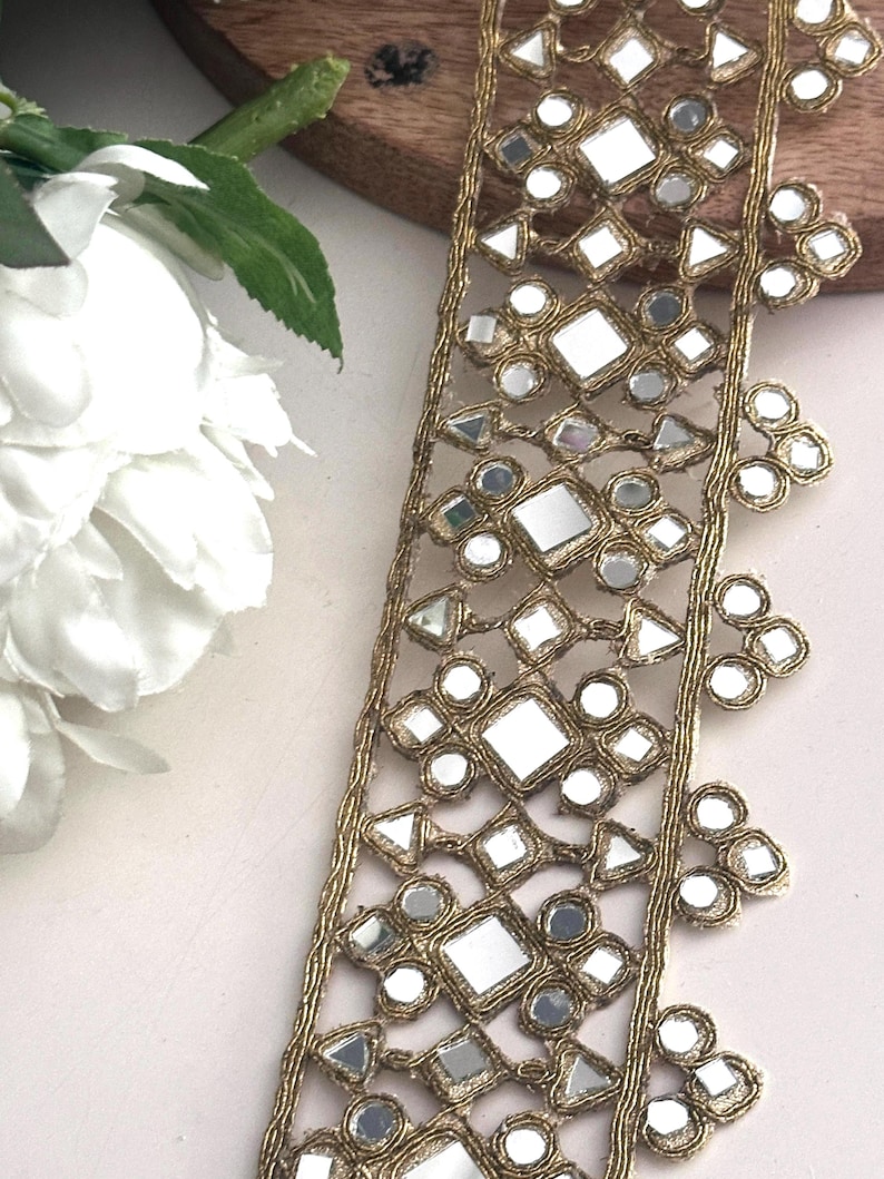 Mirror Work Lace Trim Gold Embroidery Ribbon With Shisha for Sewing ...