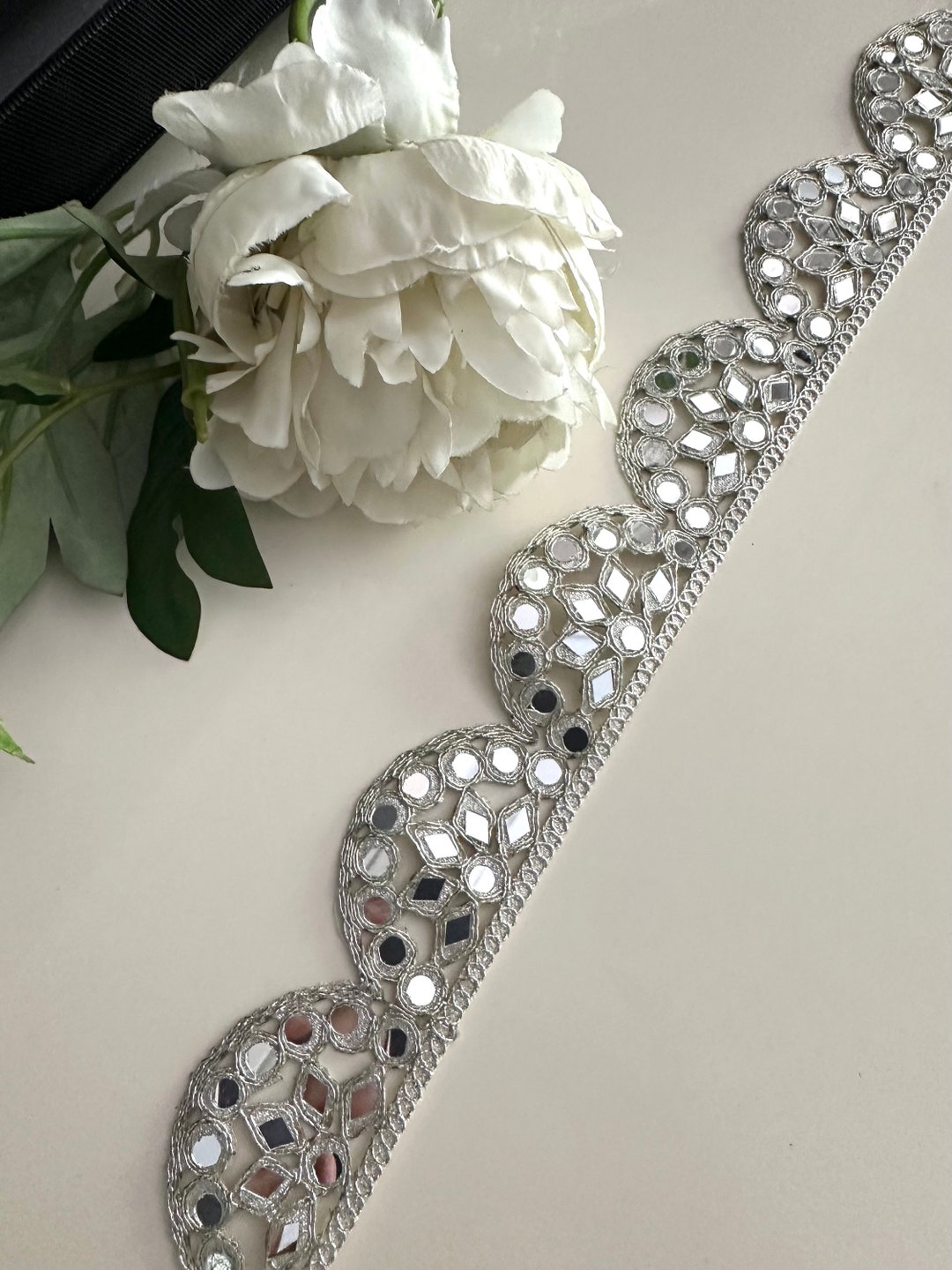 Indian Silver Mirror Work Border Scalloped Zari Mirror Trim 4.5cm ...
