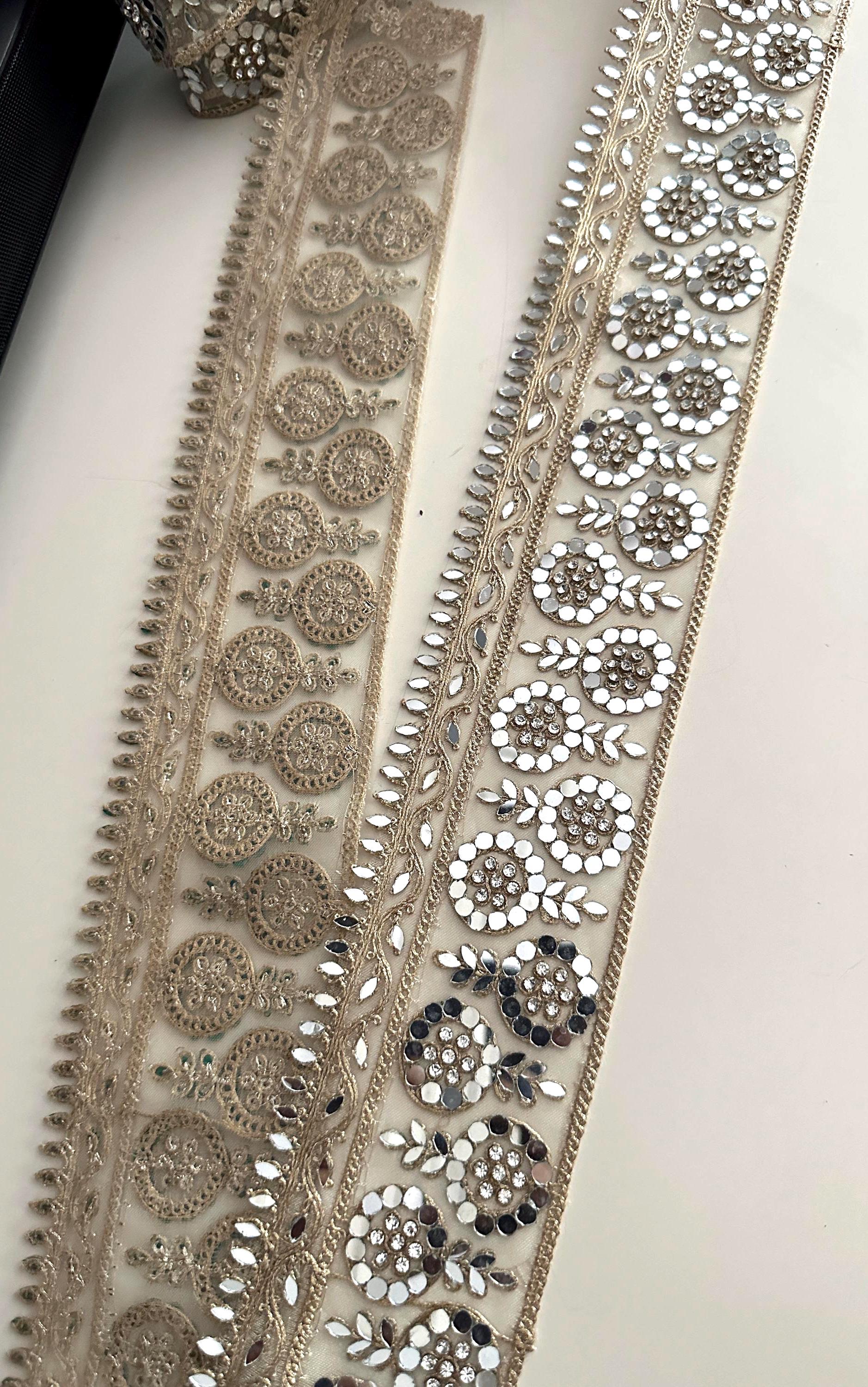 Mirror Work Embroidered Lace Trim: Gold Zari Floral Indian Border - Etsy