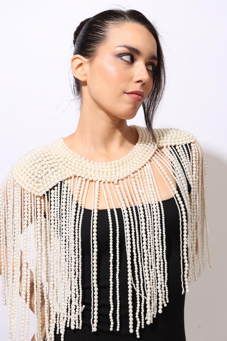Pearl Beaded Shoulder Cape Bridal Fringe Capelet Handmade Pearl ...
