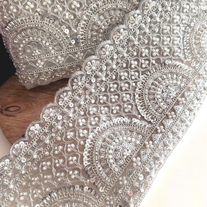 Silver Pearl Bead Lace Trim Bridal Sequin Embellished Scallop Edge ...