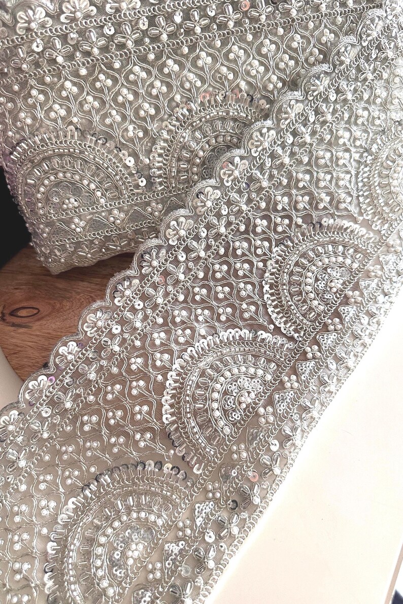 Silver Pearl Bead Lace Trim Bridal Sequin Embellished Scallop Edge ...