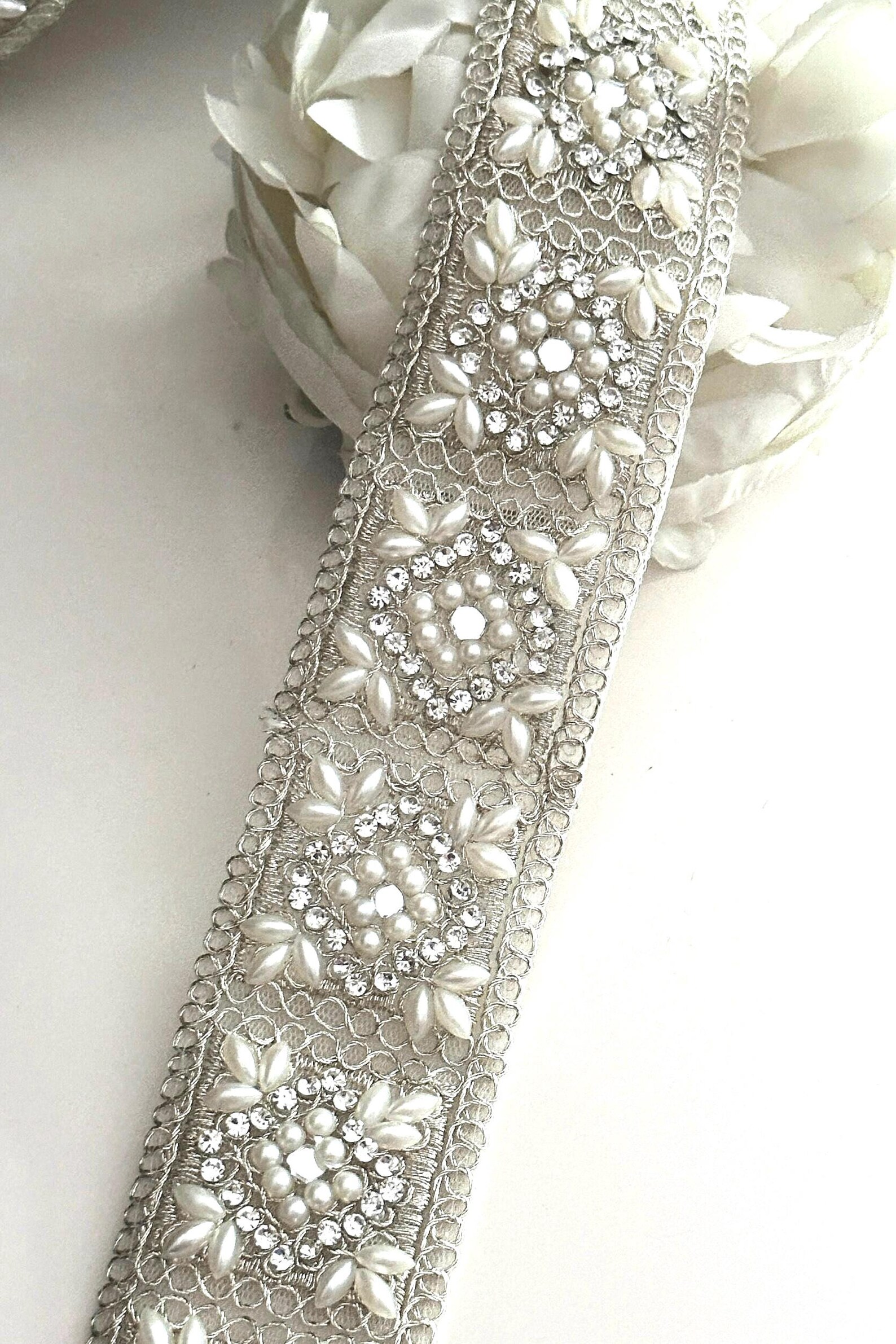 Silver Pearl and Crystal Zircon 4.5cm Embellished Indian Border by Yard ...