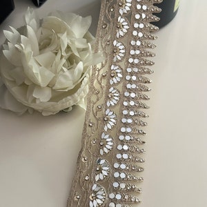 Pale Gold Mirror Work Lace Indian Zari Embroidered Trim on Tulle for ...