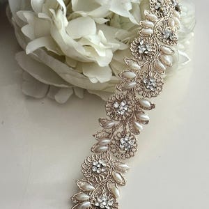 Rose Gold Pearl Crystal 2.5cm Indian Embroidered Lace Pearl Embroidered Band Zari Embellish Net ...