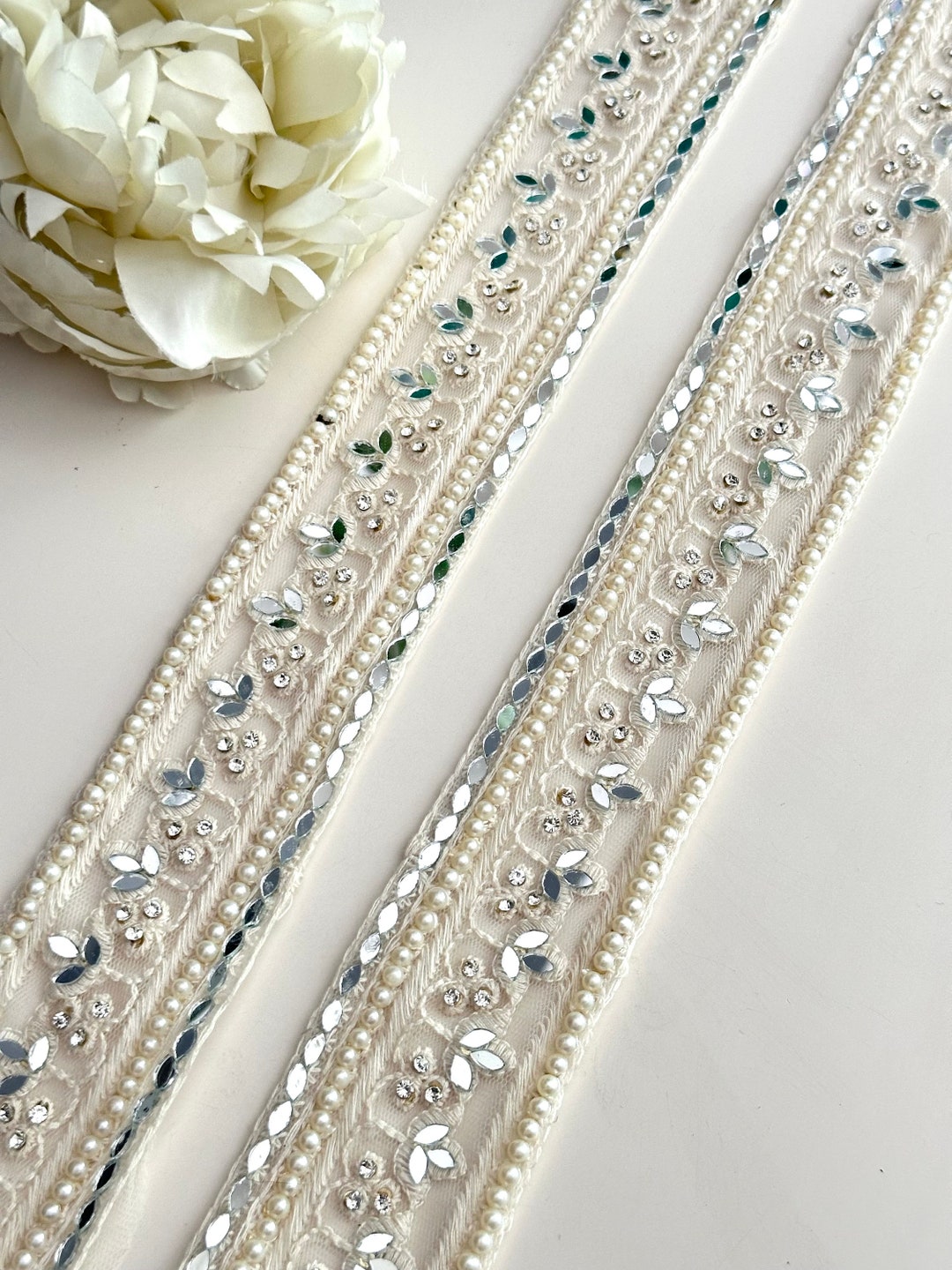 Shiny Ivory Mirror Lace Trim Zircon Catholic Wedding Embroidery Band ...