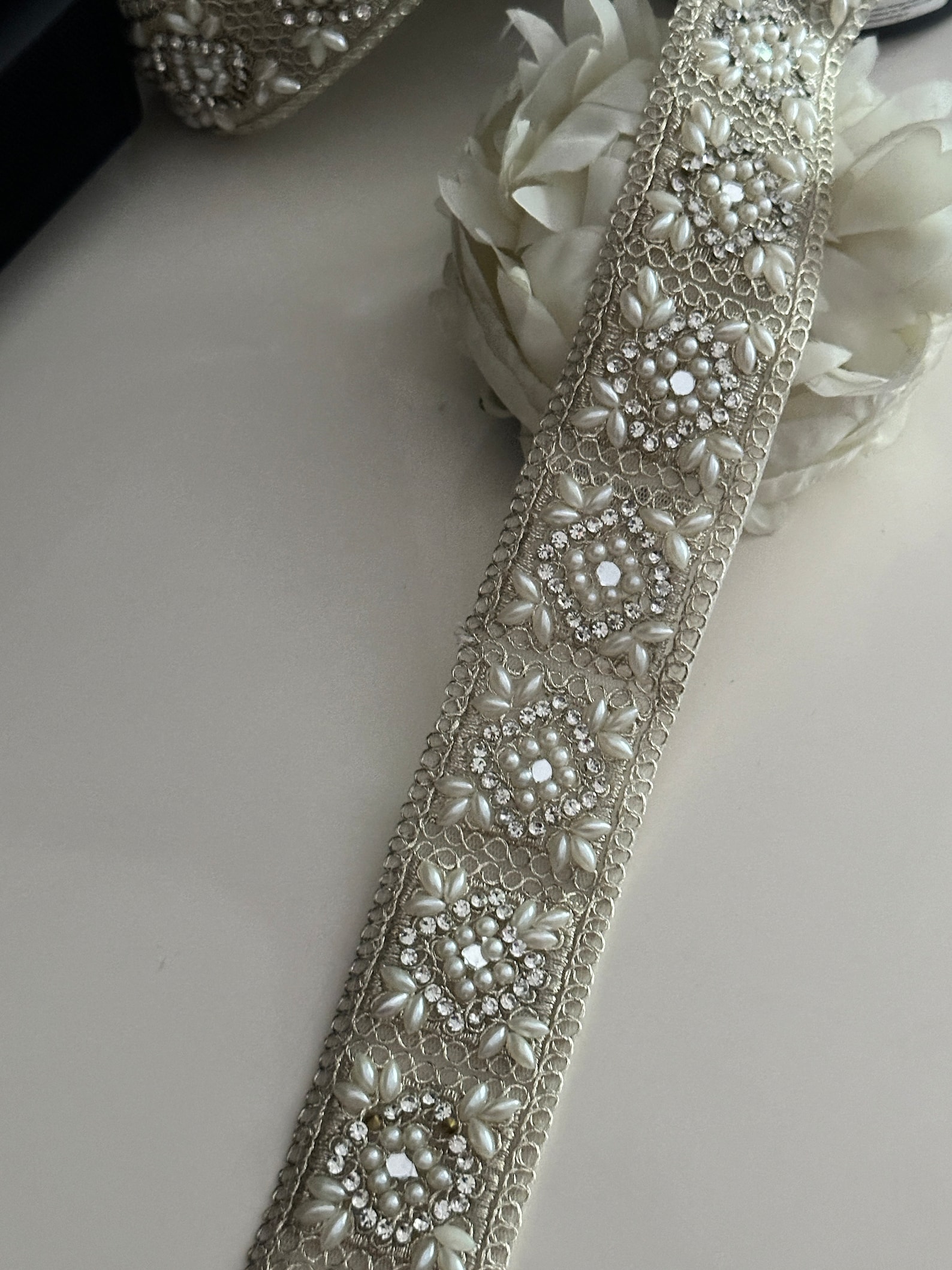 Silver Pearl and Crystal Zircon 4.5cm Embellished Indian Border by Yard ...