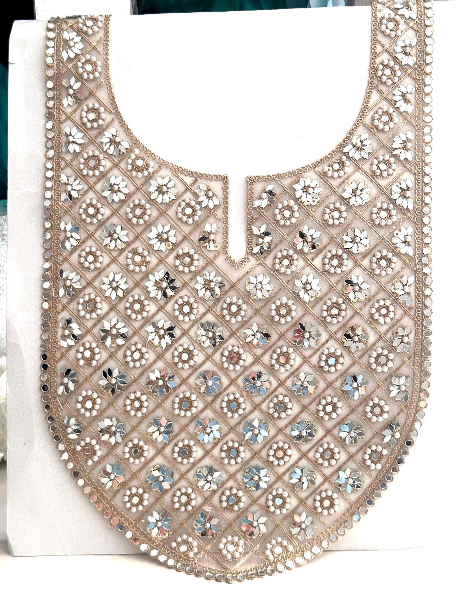 Floral Embroidery Applique Sew on Neckline Patch Mirror Pearl Stone ...