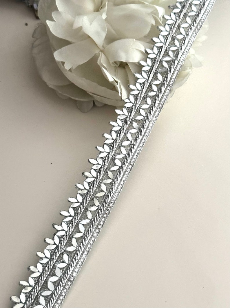 Indian Mirror Trim on Zari Base Glamourous Saree Border 2.5cm Silver ...