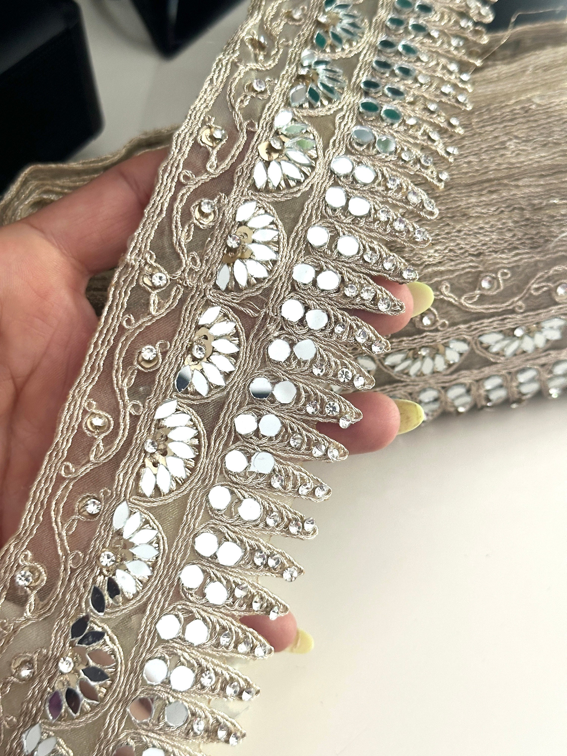 Pale Gold Mirror Work Lace Indian Zari Embroidered Trim on Tulle for ...