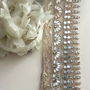 Pale Gold Mirror Work Lace Indian Zari Embroidered Trim on Tulle for ...