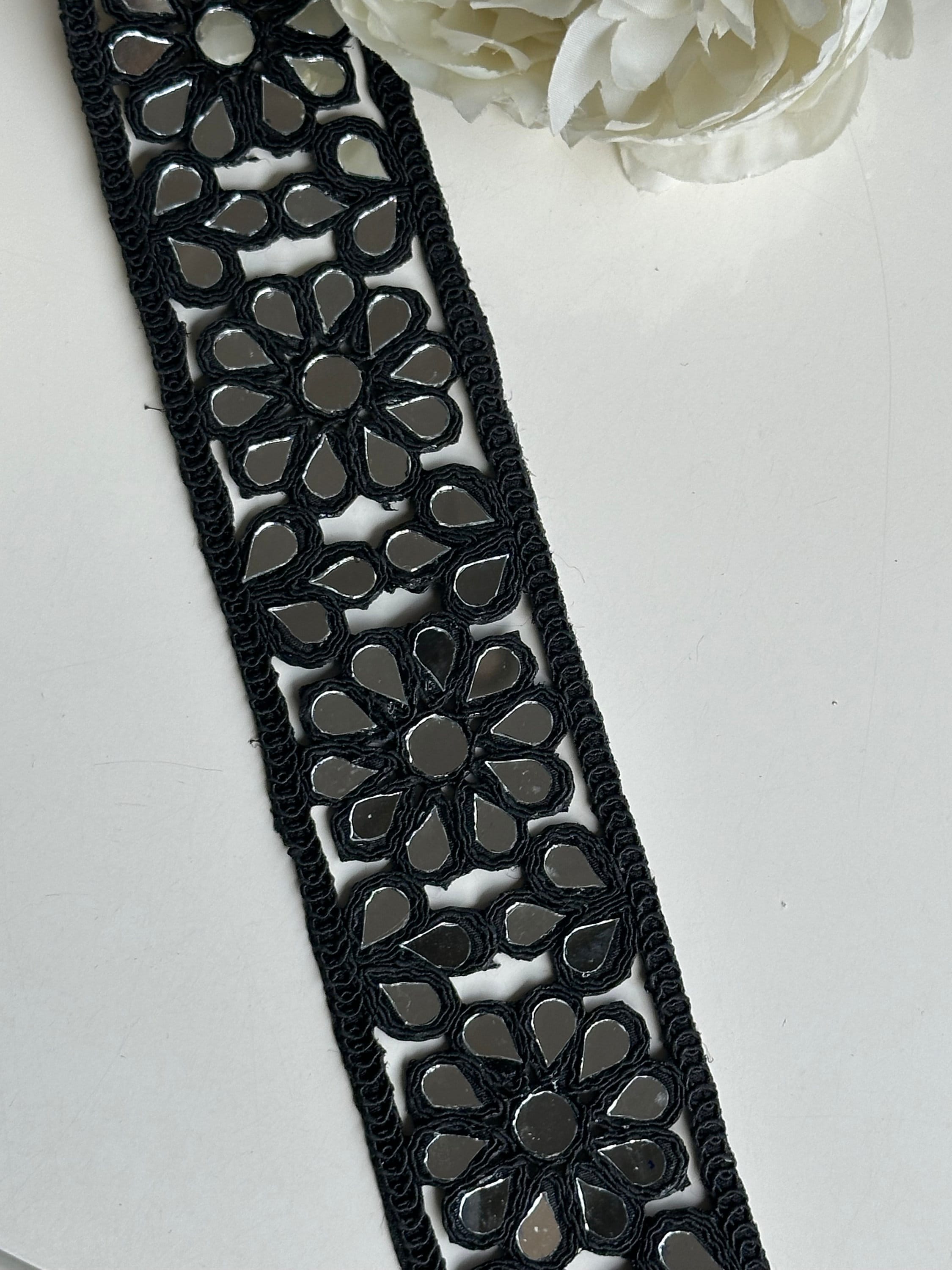 4.5cm Indian Mirror Black Gothic Flower Pattern Trim Saree Border ...