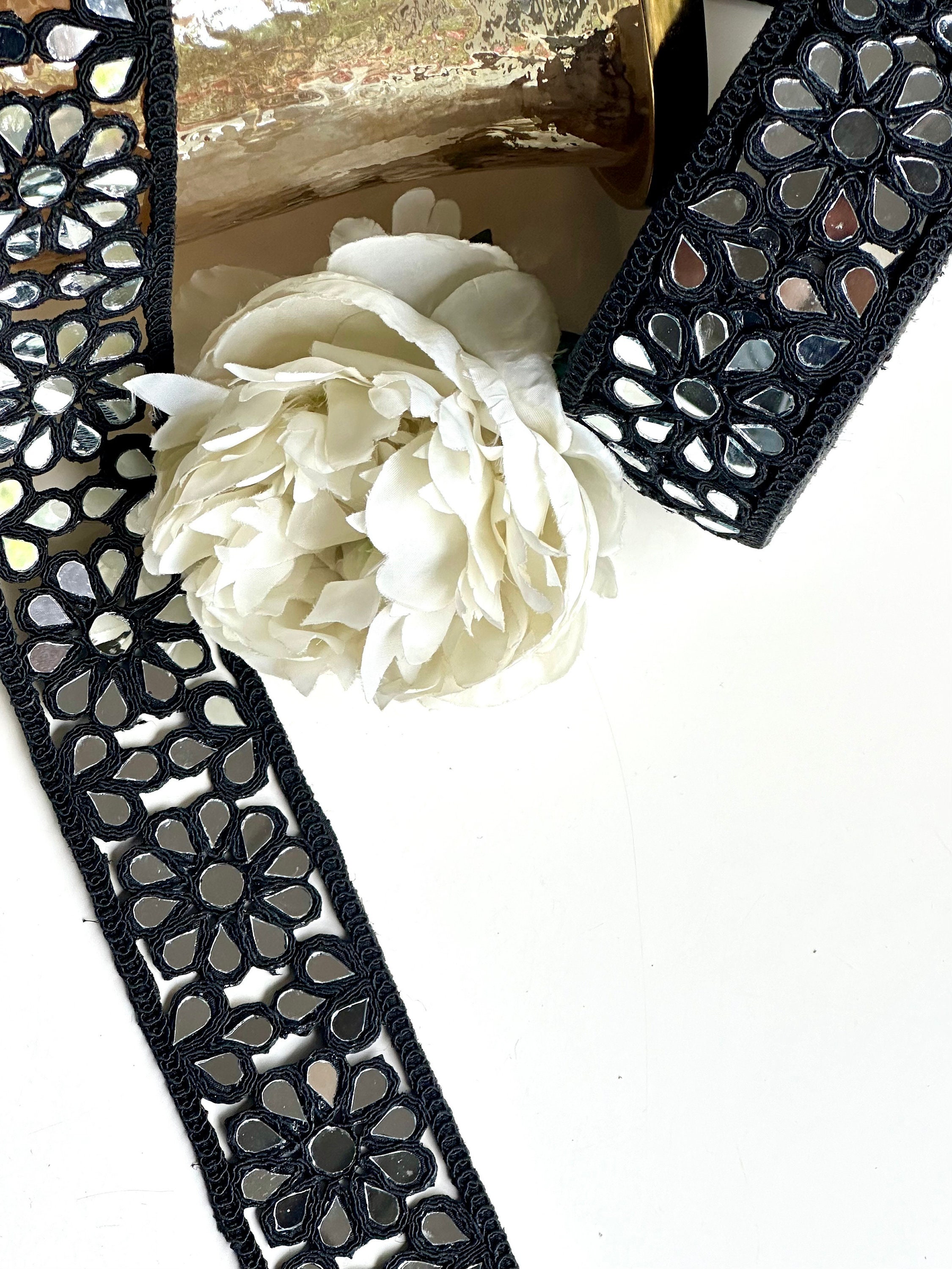 4.5cm Indian Mirror Black Gothic Flower Pattern Trim Saree Border ...