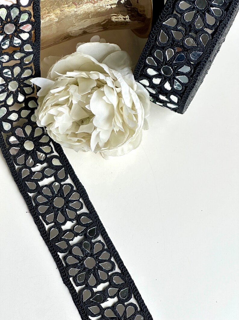 4.5cm Indian Mirror Black Gothic Flower Pattern Trim Saree Border ...