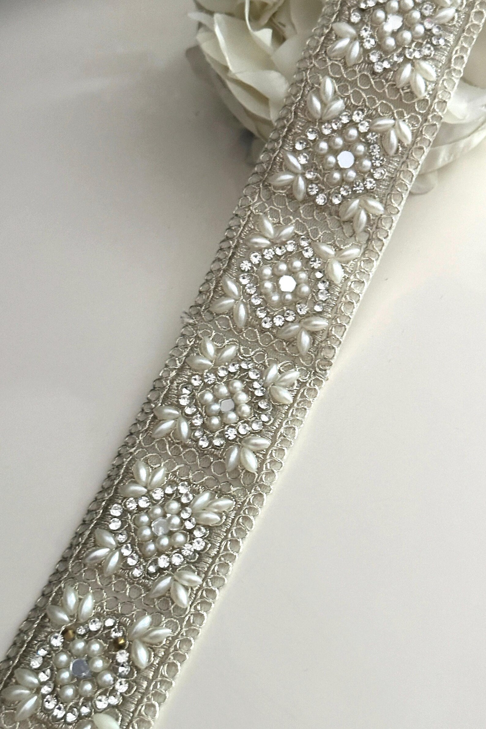 Silver Pearl and Crystal Zircon 4.5cm Embellished Indian Border by Yard ...