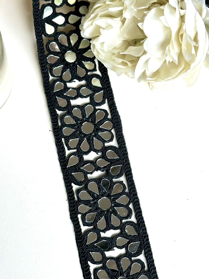4.5cm Indian Mirror Black Gothic Flower Pattern Trim Saree Border ...
