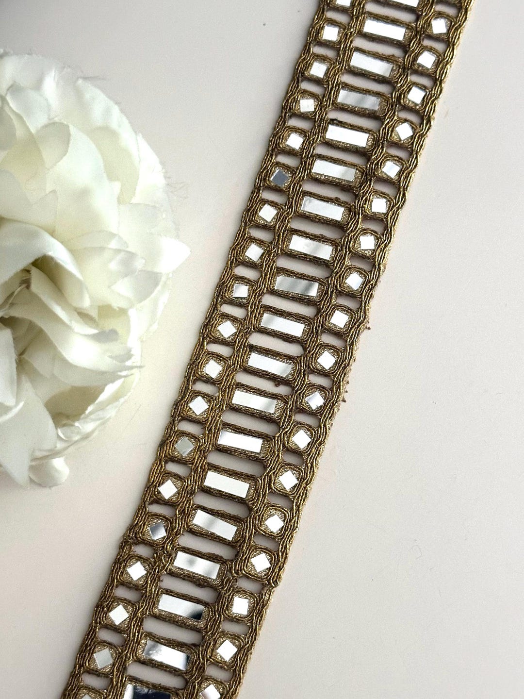 Indian Mirror Gold Hand Crafted Broad Mirror Work Border Jewelled ...