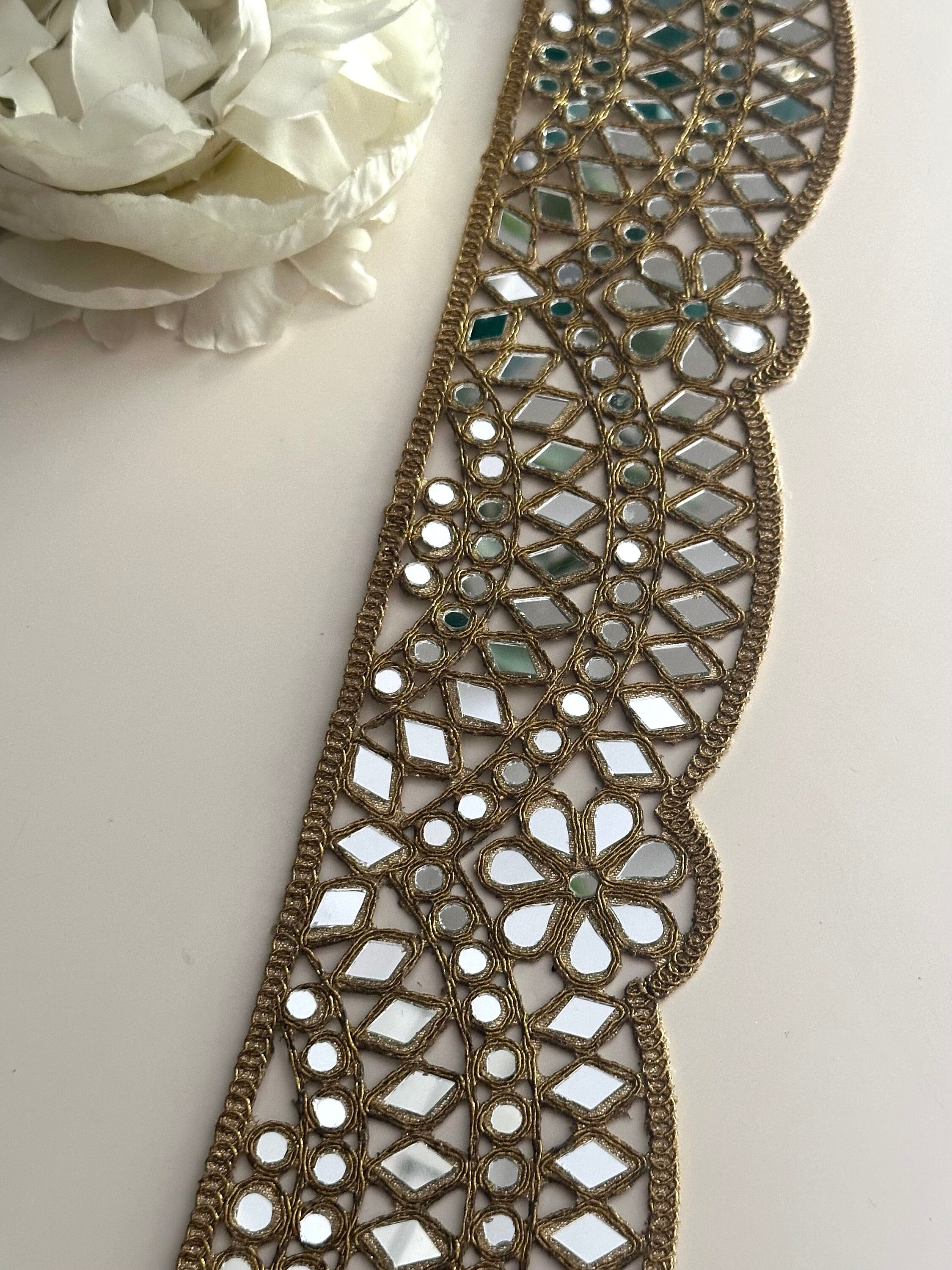 7cm Dull Gold Scallop Designer Mirror Trim, Glamourous Sari Border ...