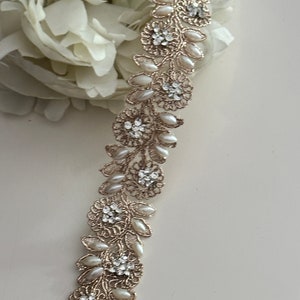 Rose Gold Pearl Crystal 2.5cm Indian Embroidered Lace Pearl Embroidered Band Zari Embellish Net ...