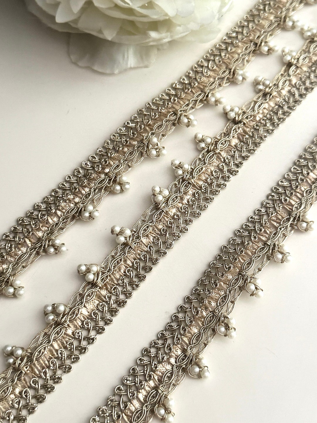 Pearl Bead Indian Metallic Thread Lace Indian Embroidered Sari Border ...