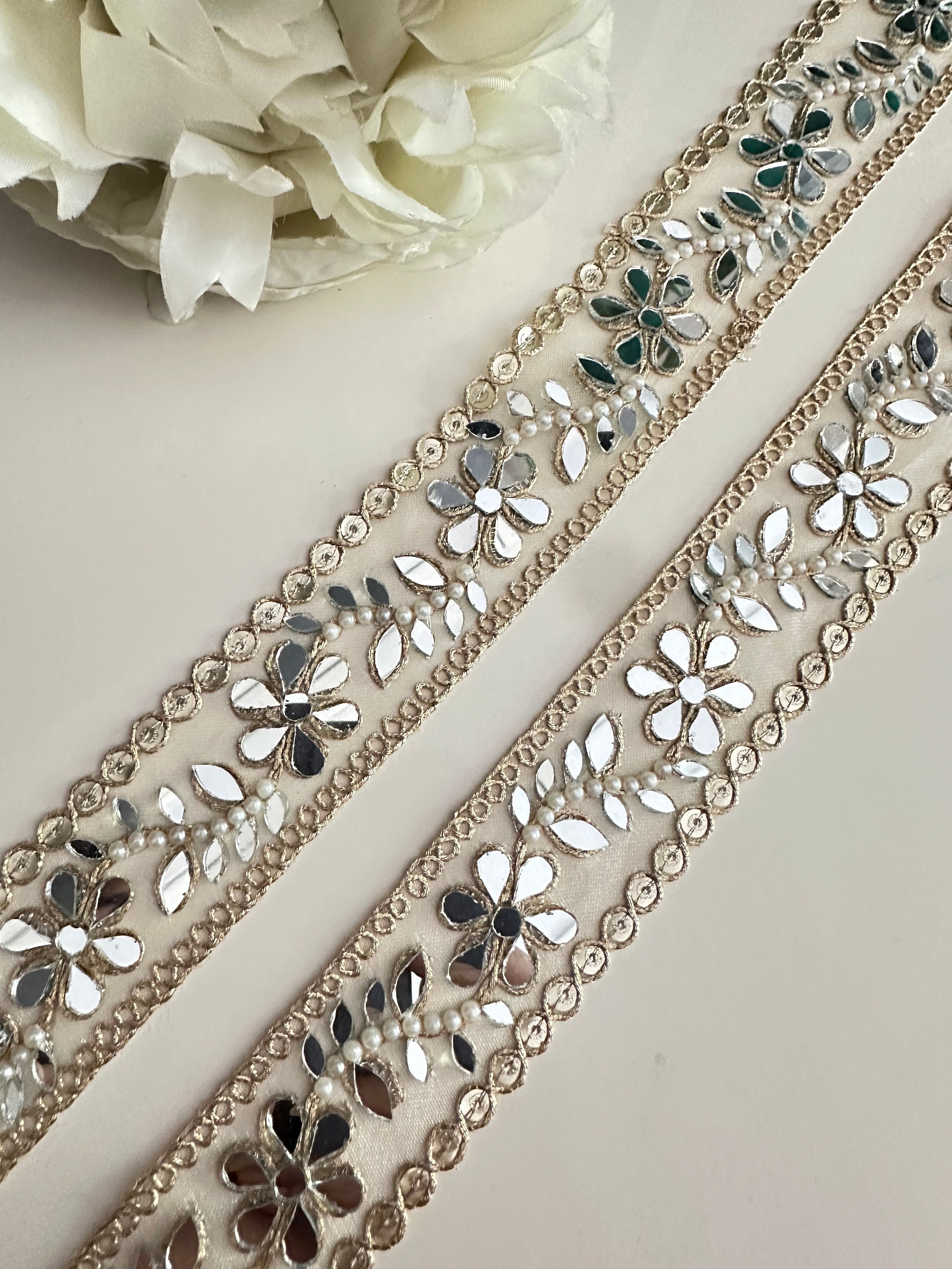 Indian Pearl Mirror Trim Embellished Tulle Fabric Sheer Mirror Trim ...
