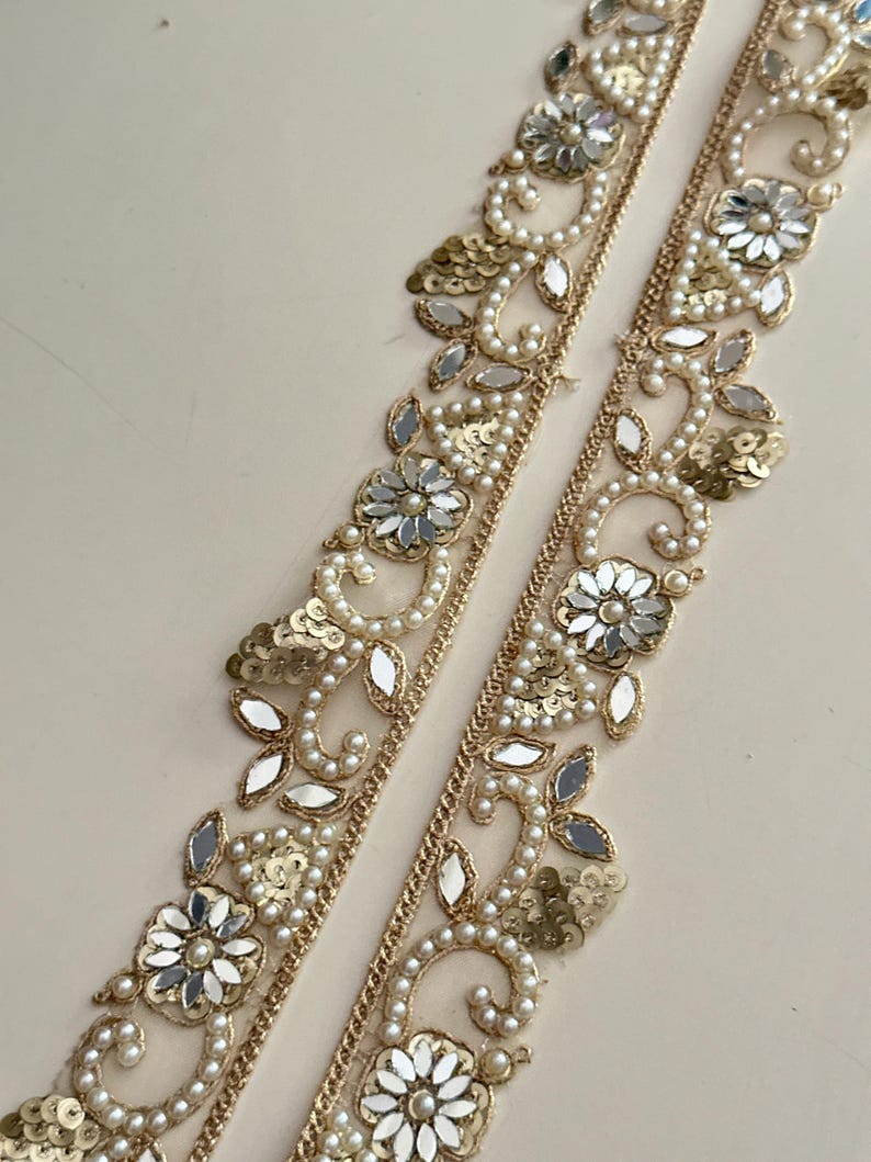 Gold Mirror Lace Trim With Pearls Floral Sequin Hand Embroidered Border ...