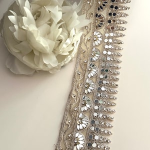Pale Gold Mirror Work Lace Indian Zari Embroidered Trim on Tulle for ...