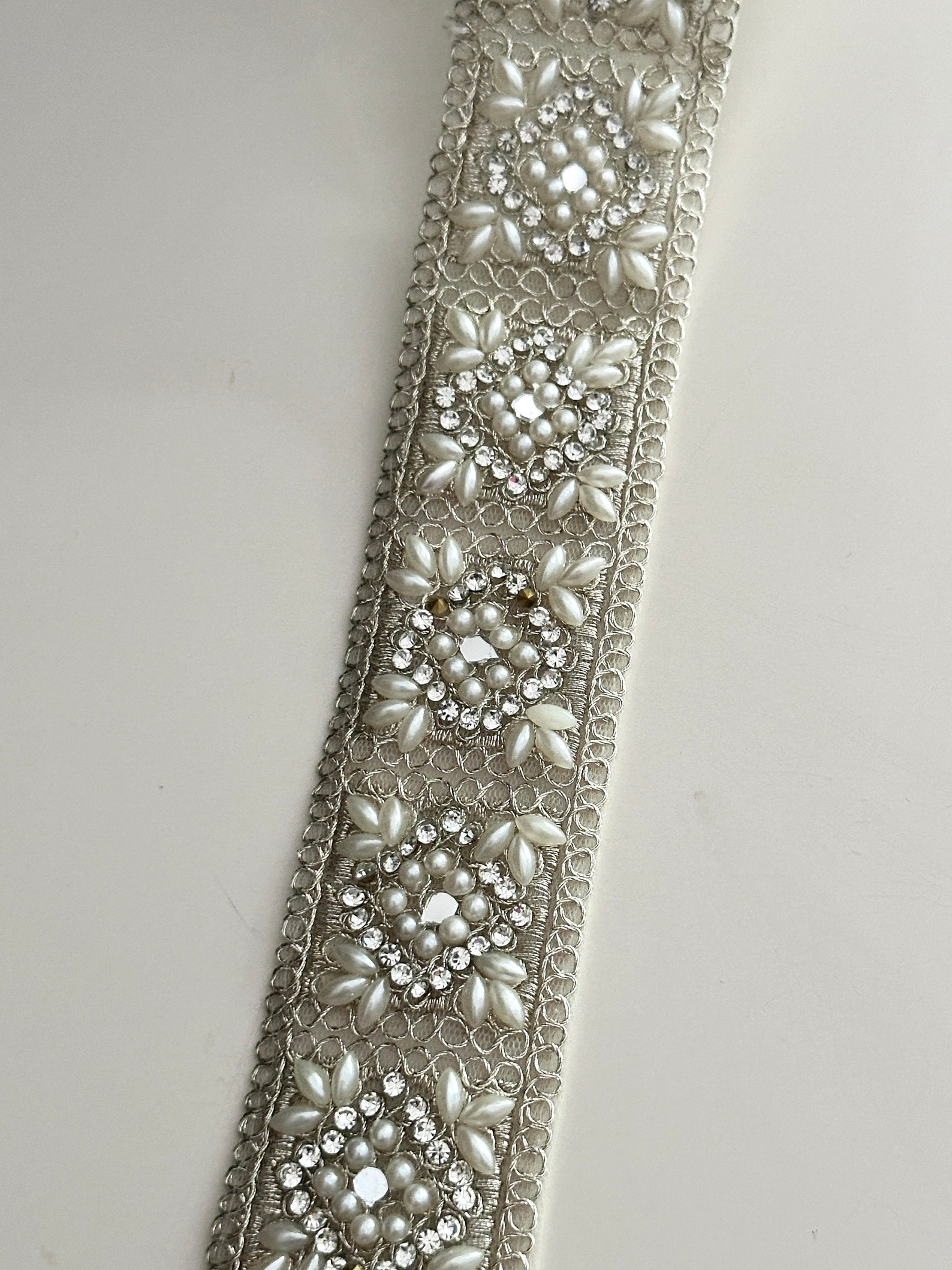 Silver Pearl and Crystal Zircon 4.5cm Embellished Indian Border by Yard ...