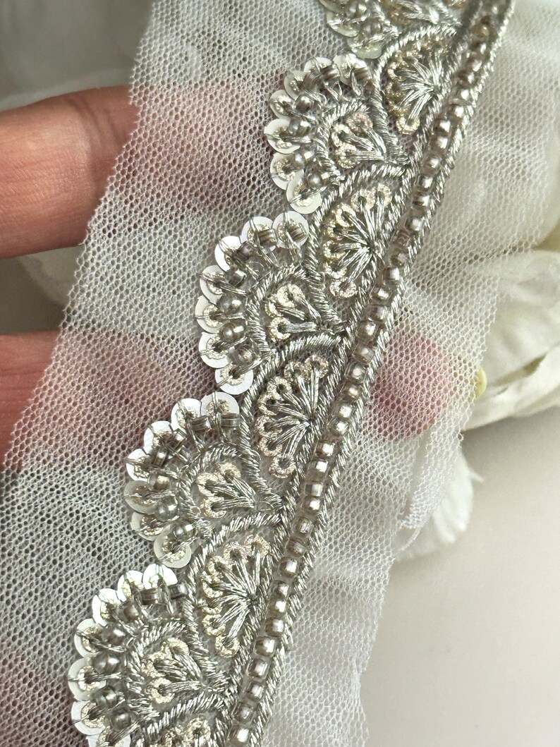 Sparkling Silver Zari Trim Crystal Sequin 3cm Net Fabric Lace for Sari ...