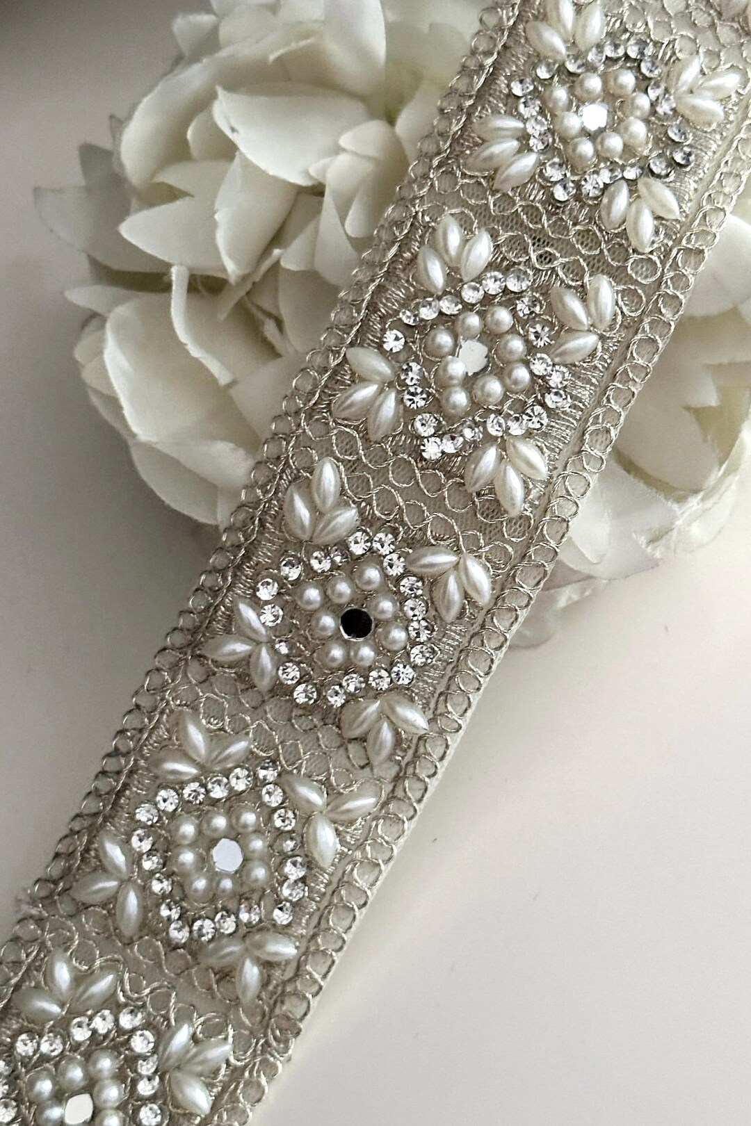 Silver Pearl and Crystal Zircon 4.5cm Embellished Indian Border by Yard ...