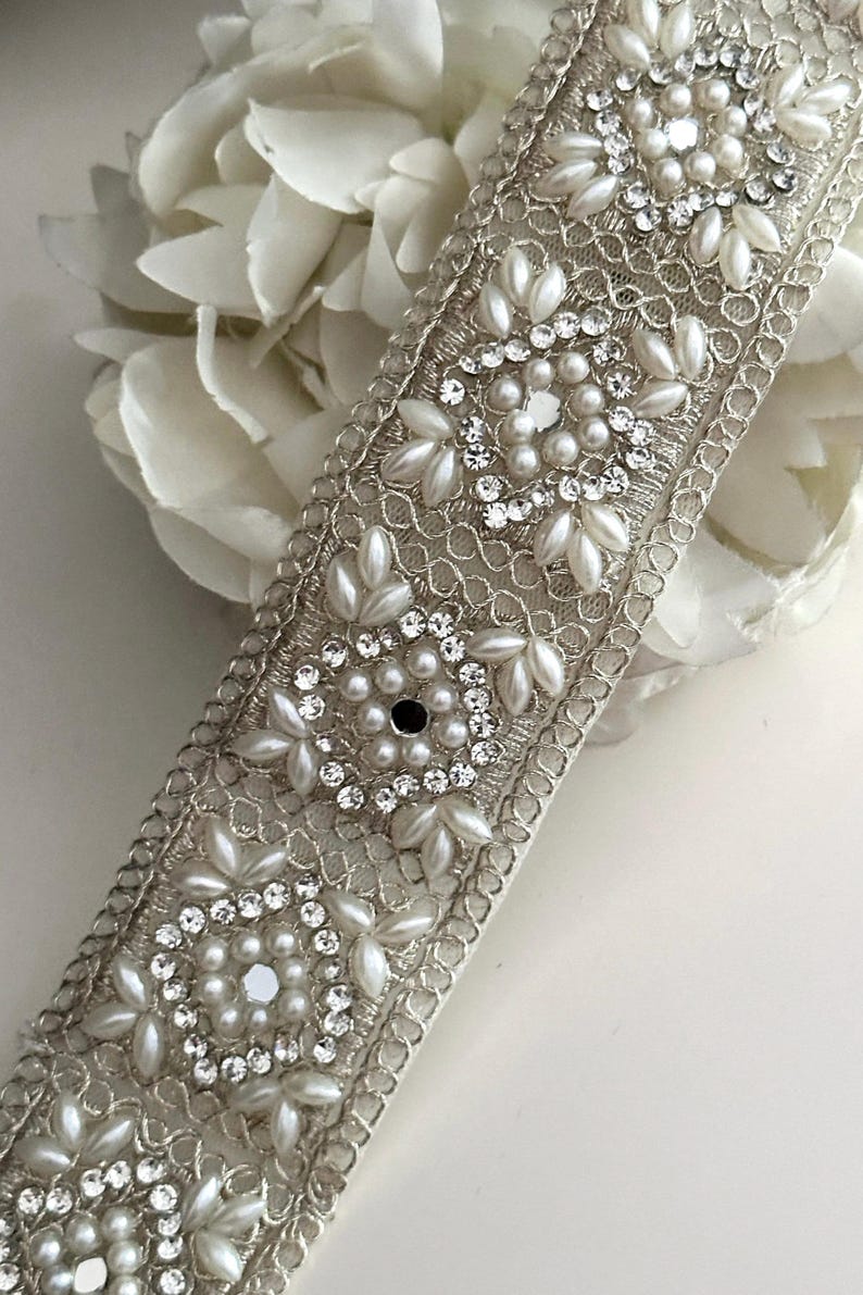 Silver Pearl and Crystal Zircon 4.5cm Embellished Indian Border by Yard ...