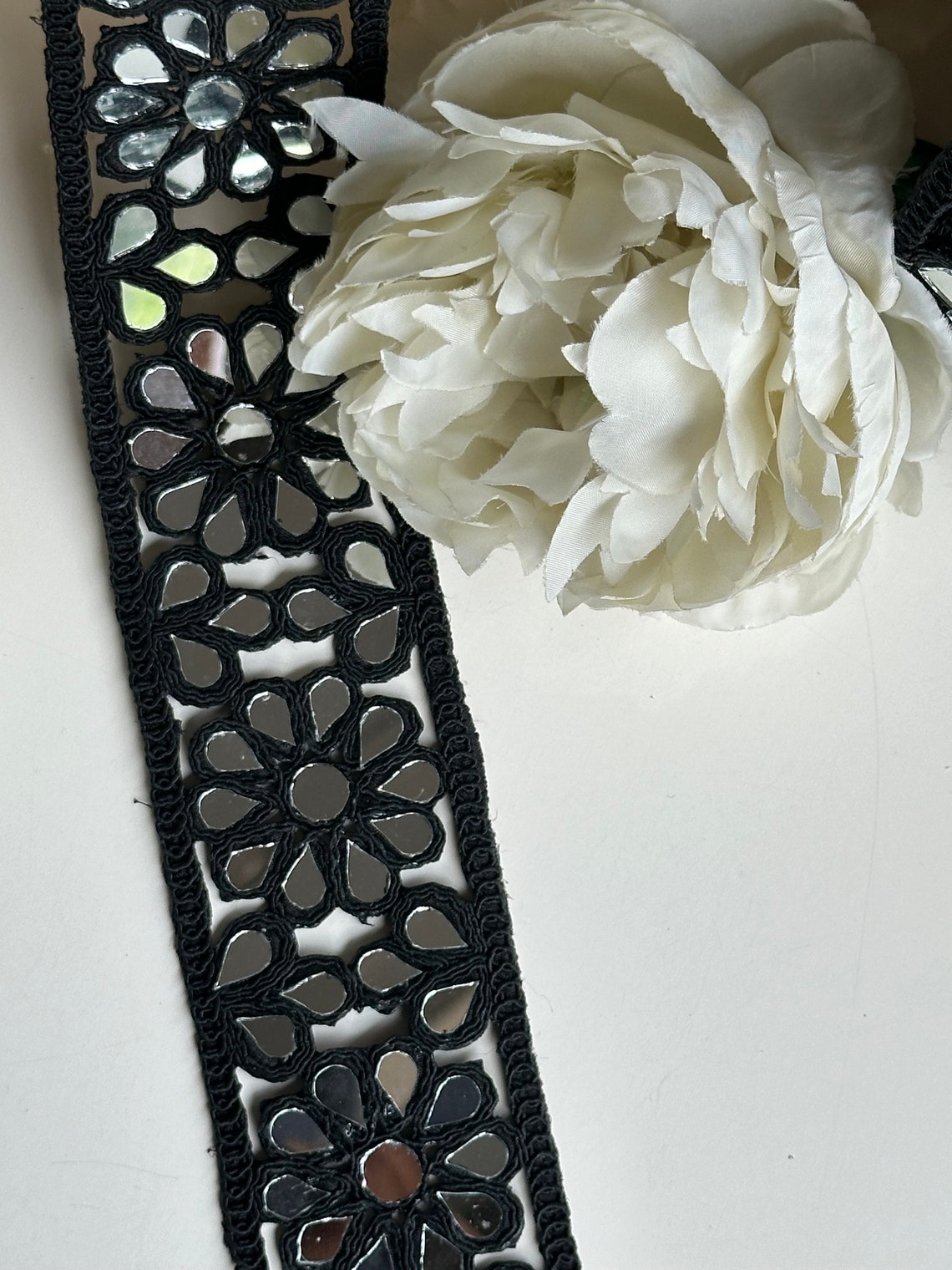 4.5cm Indian Mirror Black Gothic Flower Pattern Trim Saree Border ...